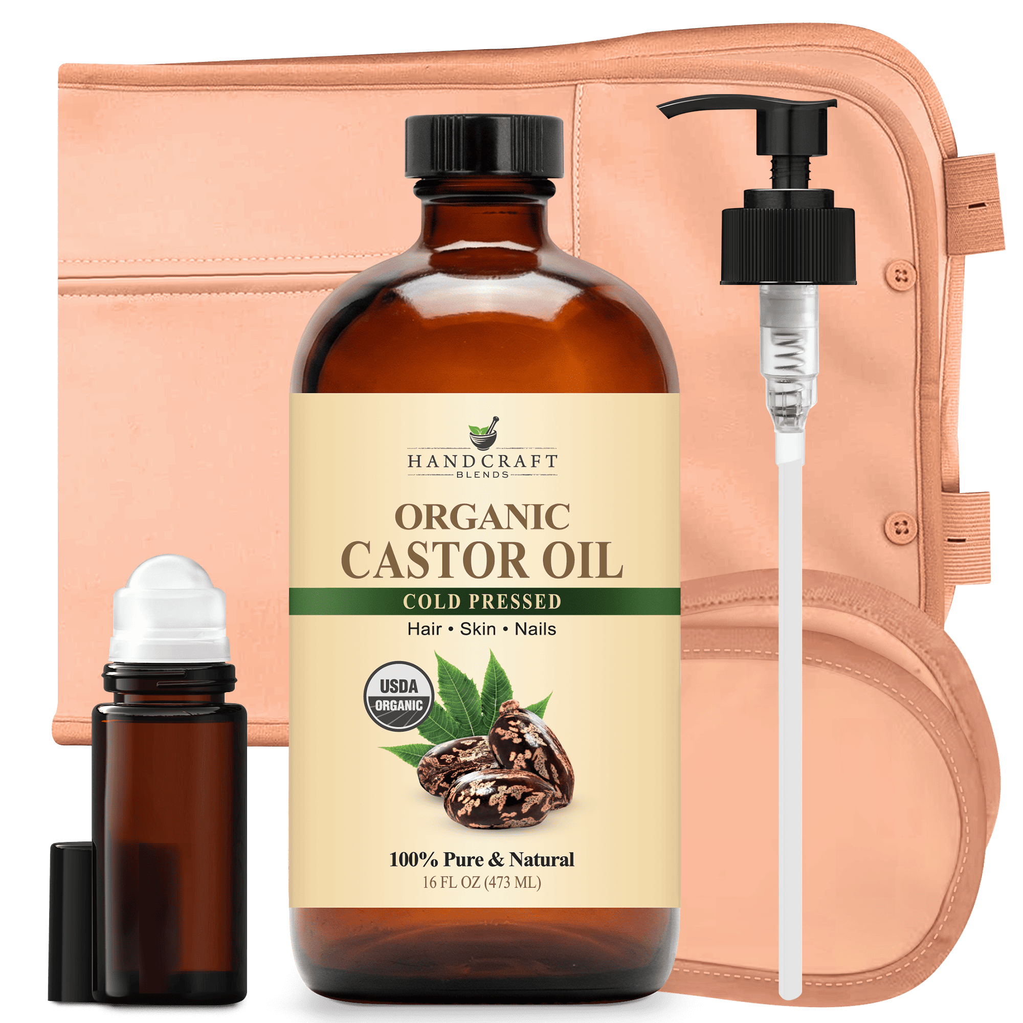Organic Castor Oil - Glass Bottle with Roll on Bottle and Reusable Wra ...